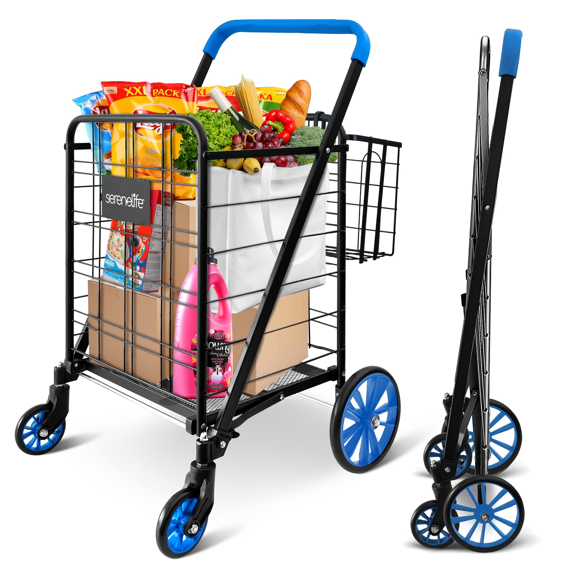 SereneLife Shopping Supermarket Cart with 360 Rolling Swivel Wheels, Collapsible Design, Double Basket Compartment, Heavy Duty Shopping Cart, Utility Cart for Grocery, Laundry, Luggage, Blue: