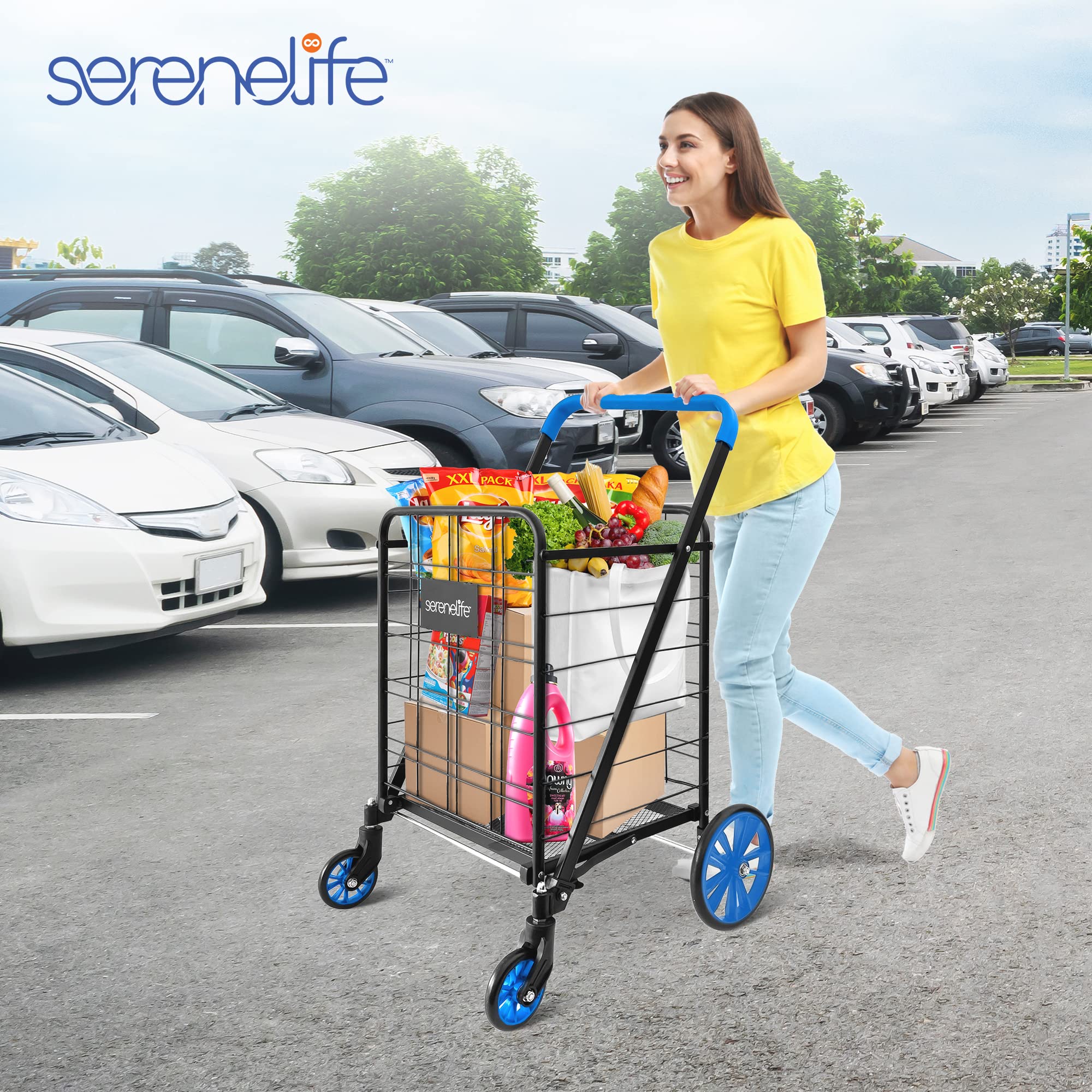 SereneLife Shopping Supermarket Cart with 360 Rolling Swivel Wheels, Collapsible Design, Double Basket Compartment, Heavy Duty Shopping Cart, Utility Cart for Grocery, Laundry, Luggage, Blue: