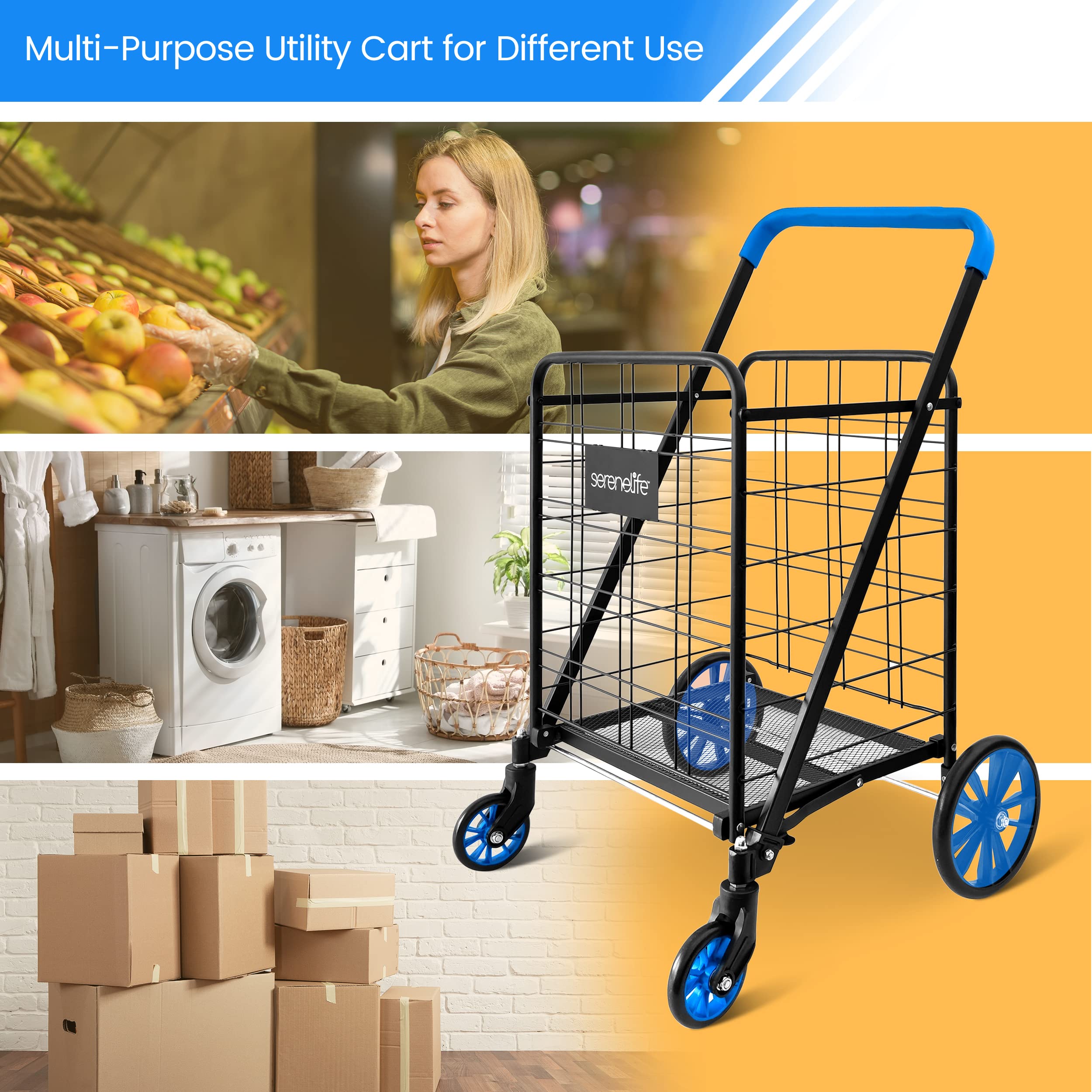 SereneLife Shopping Supermarket Cart with 360 Rolling Swivel Wheels, Collapsible Design, Double Basket Compartment, Heavy Duty Shopping Cart, Utility Cart for Grocery, Laundry, Luggage, Blue: