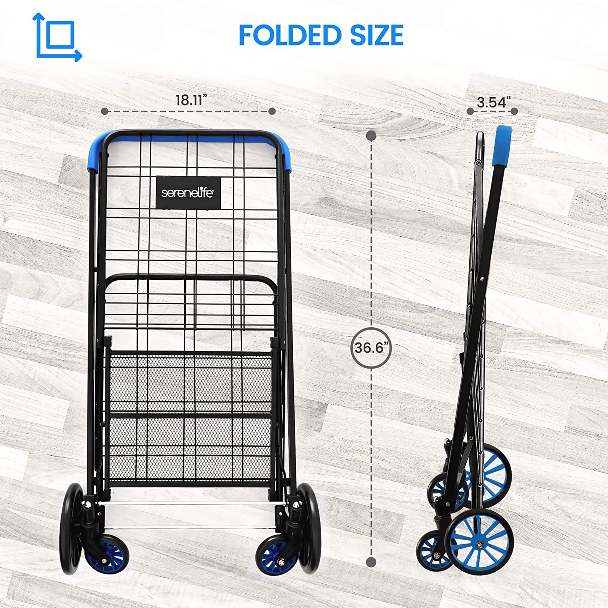 SereneLife Shopping Supermarket Cart with 360 Rolling Swivel Wheels, Collapsible Design, Double Basket Compartment, Heavy Duty Shopping Cart, Utility Cart for Grocery, Laundry, Luggage, Blue: