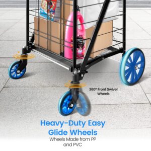 SereneLife Shopping Supermarket Cart with 360 Rolling Swivel Wheels, Collapsible Design, Double Basket Compartment, Heavy Duty Shopping Cart, Utility Cart for Grocery, Laundry, Luggage, Blue: