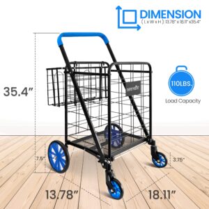 SereneLife Shopping Supermarket Cart with 360 Rolling Swivel Wheels, Collapsible Design, Double Basket Compartment, Heavy Duty Shopping Cart, Utility Cart for Grocery, Laundry, Luggage, Blue: