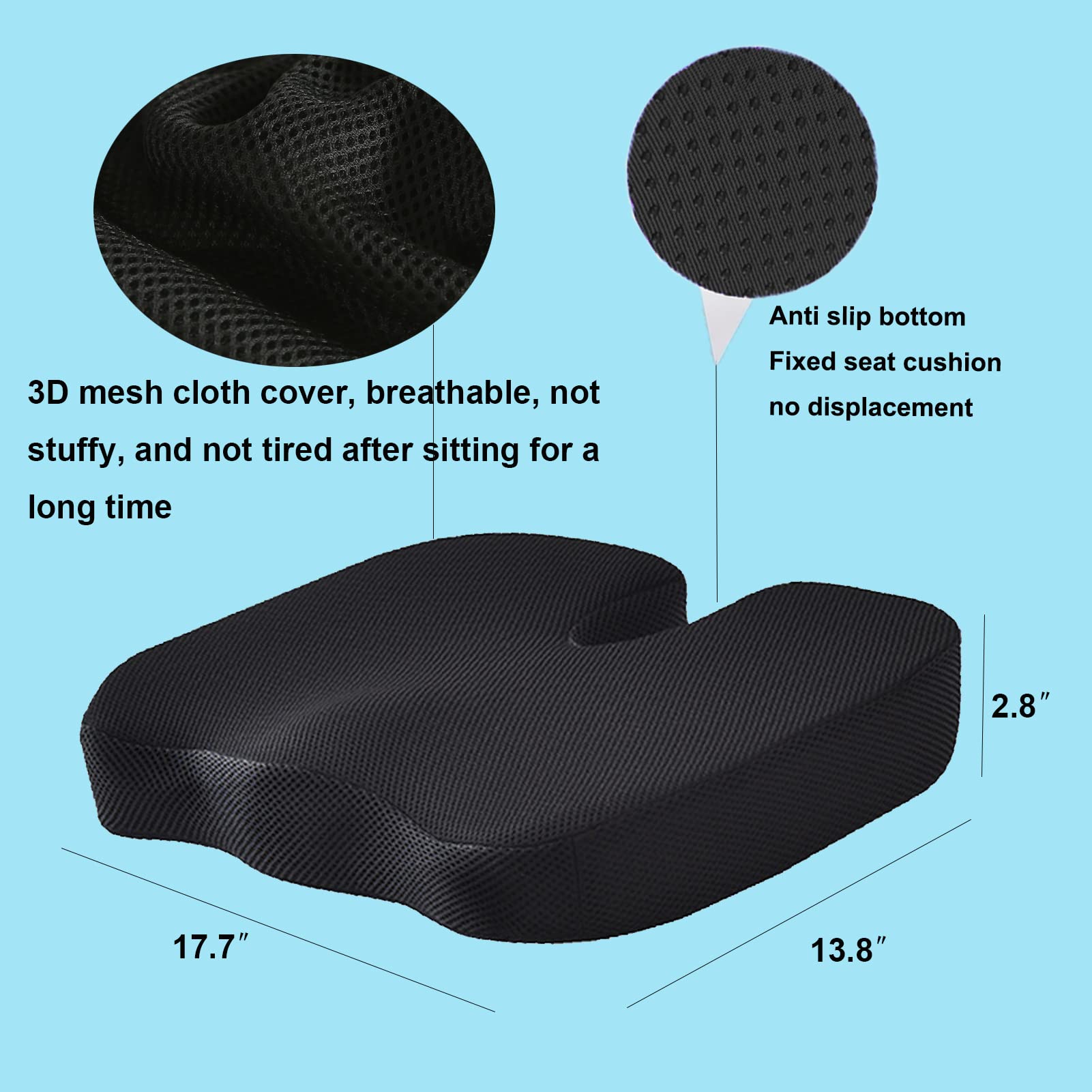 Seat Cushion Pillow for Office Chair, Memory Foam Breathable Mesh Seat Cushion, Tailbone Nerve Cushion for Sciatica Prevention, Pain Relief, Suitable for Office Chair/Car/Wheelchair/Home