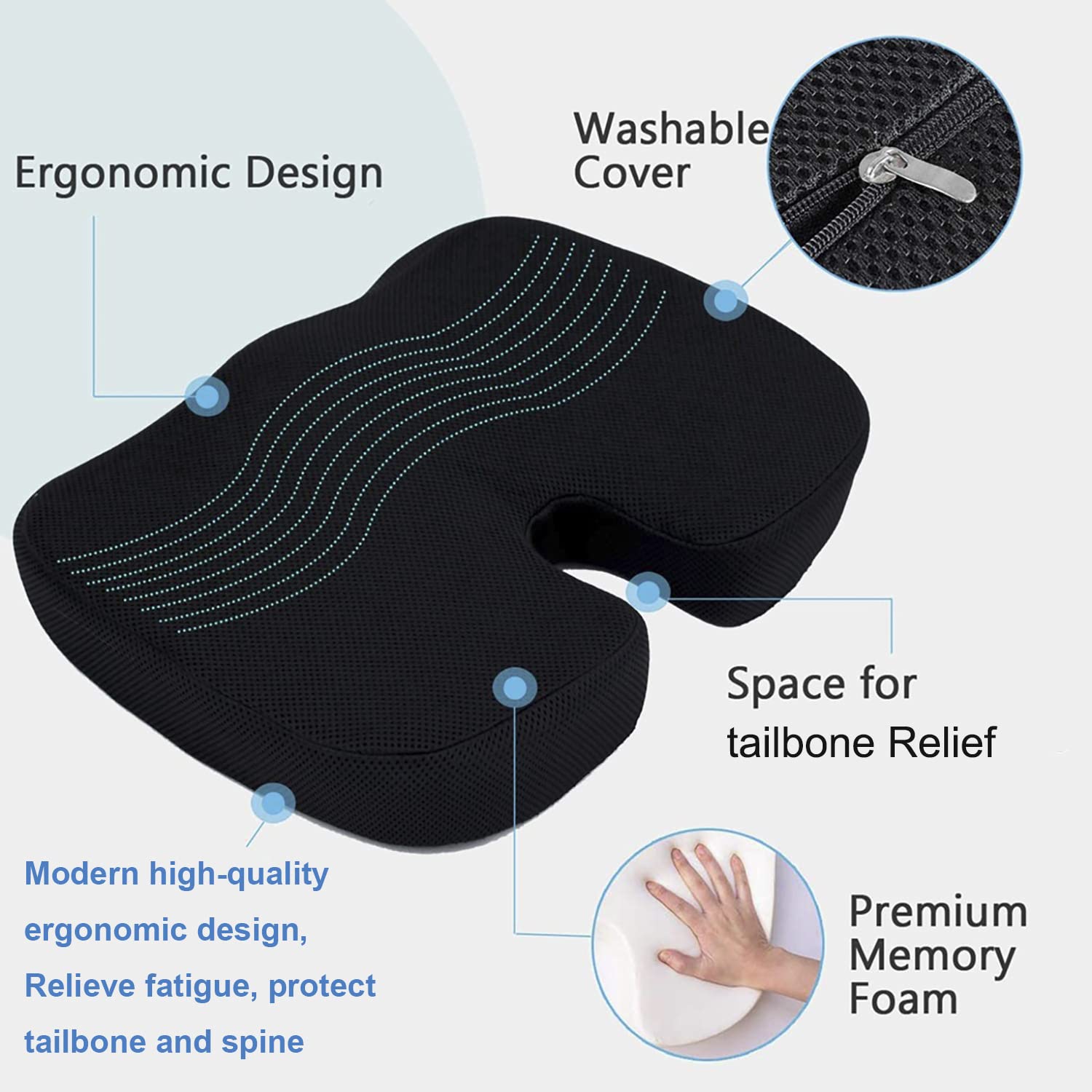 Seat Cushion Pillow for Office Chair, Memory Foam Breathable Mesh Seat Cushion, Tailbone Nerve Cushion for Sciatica Prevention, Pain Relief, Suitable for Office Chair/Car/Wheelchair/Home