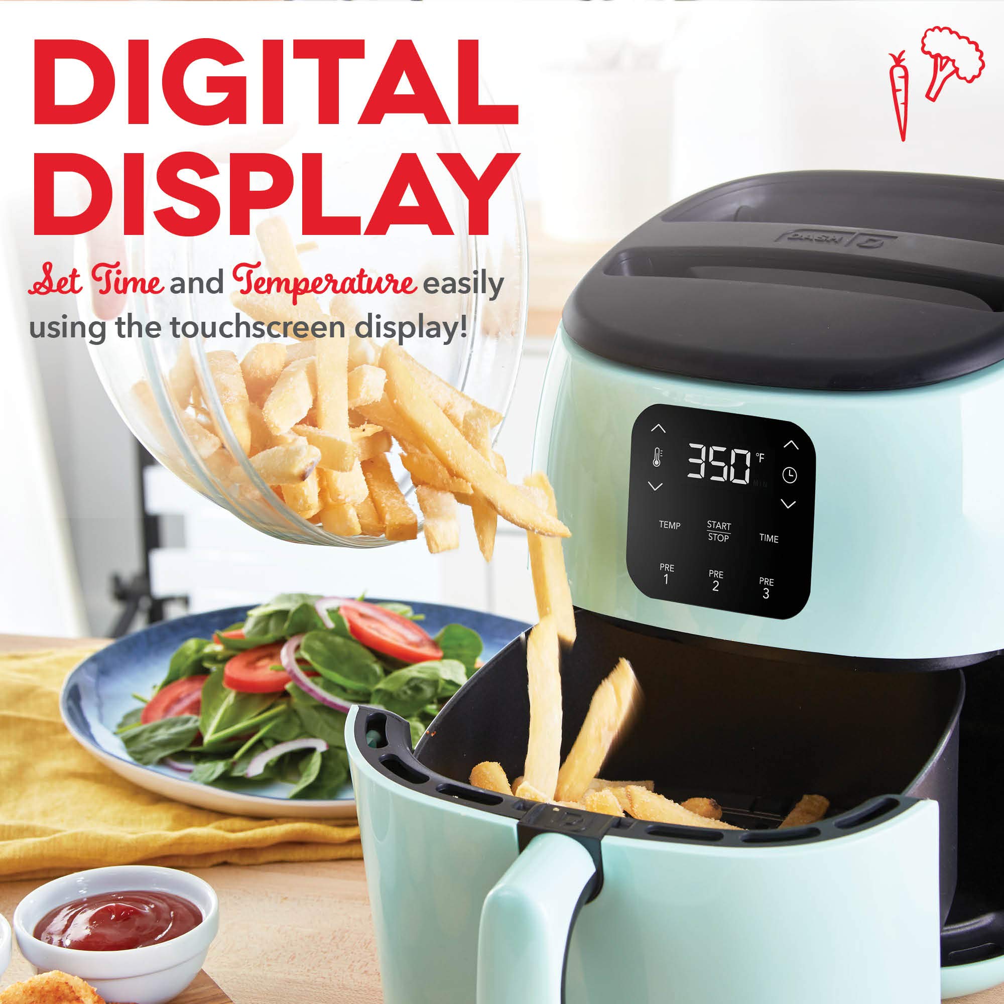 DASH Tasti-Crisp™ Digital Air Fryer, 2.6 Quart - Aqua & DCB001AF Air Fryer Recipe Book for Healthier + Delicious Meals, Snacks & Desserts, Over 70+ Easy to Follow Guides, multicolor