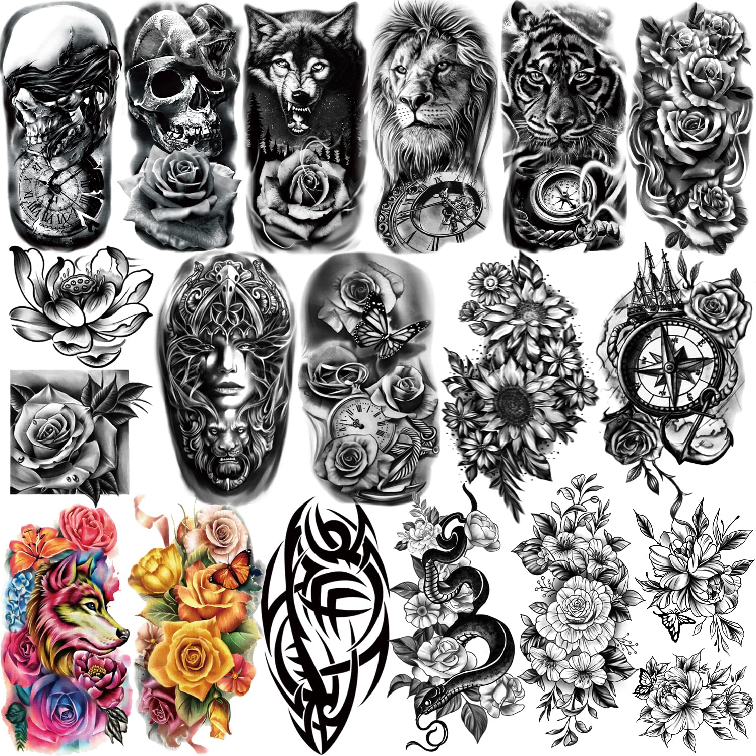 Yazhiji 77sheets Waterproof Temporary Tattoo for Girls or Boys Kids 17sheets Larger Half Arm Wolf Tiger Lion Fake Tattoos for Men or Women And 60 sheets Tiny Flower Snake Rose Sunflower Tattoo Sticker