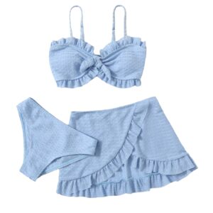 SHENHE Girl's 3 Piece Cute High Waisted Ruffle Trim Swimsuit Bikini Sets with Beach Skirt Light Blue 10Y