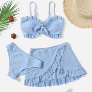 SHENHE Girl's 3 Piece Cute High Waisted Ruffle Trim Swimsuit Bikini Sets with Beach Skirt Light Blue 10Y