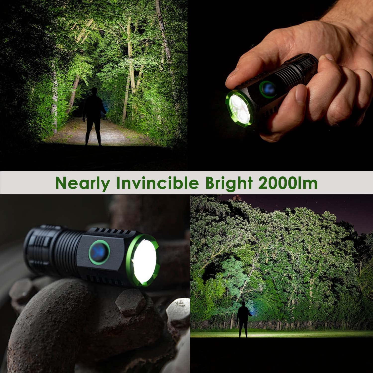 TsukiTac Mini Flashlight, 2000 Lumens, Rechargeable Compact LED Flashlight, Lightweight Pocket Sized EDC Flashlight for Camping, Hiking, Torch for Outdoor (Size-M)