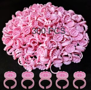 300pcs glue rings lash rings,smart glue rings for eyelash extensions,disposable rings glue cups for false eyelash extension supplies, lovely blooming lash eyelash glue holder volume lashes fan,pink