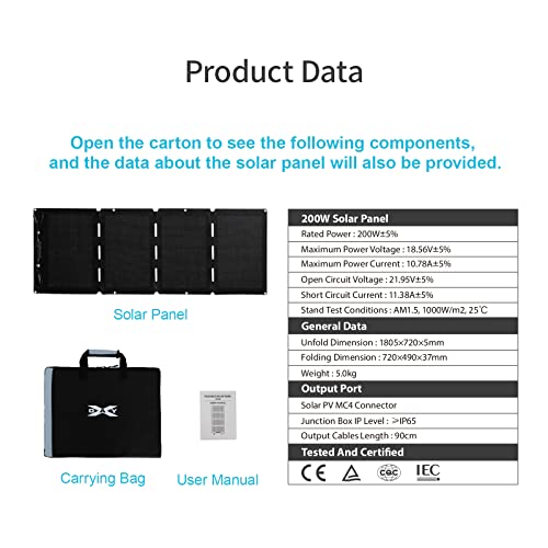 XDAY 200W 18V High-Efficiency Foldable Solar Panel,Portable Solar Panel Charger for Portable Power Station Generator, Waterproof IP68 for Outdoor Camping, RV, Off Grid System