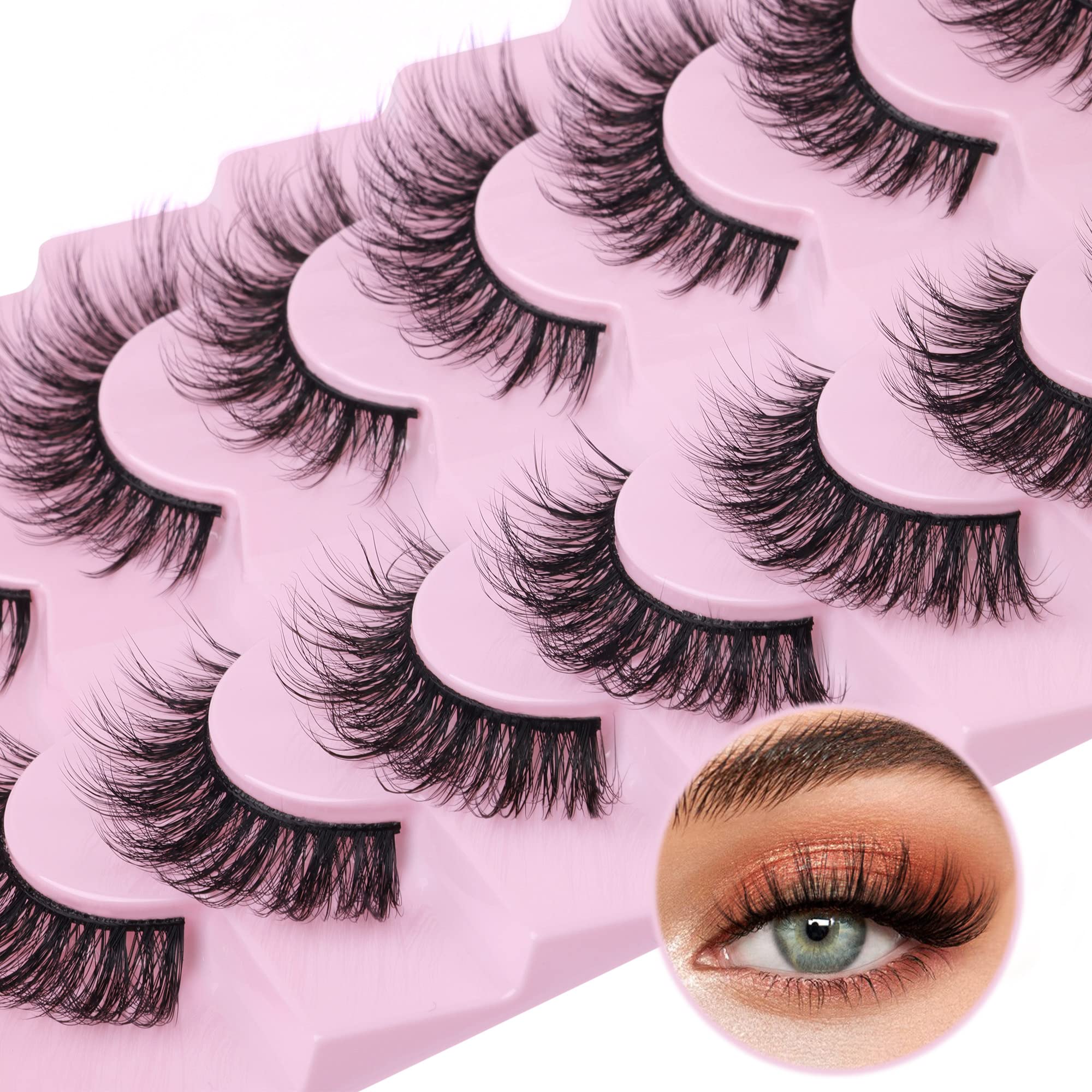 Mink Lashes Fluffy Manga Lashes Natural Look 3D Eyelashes 17mm Cat Eye Wispy 7 Pairs False Eyelashes Pack Faux Mink Eyelashes by FANXITON