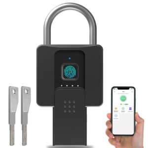 anweller fingerprint padlock with key backup, weatherproof biometric bluetooth app controlled keyless smart electronic combination lock for outdoor fence gate pool shed gym locker yard truck