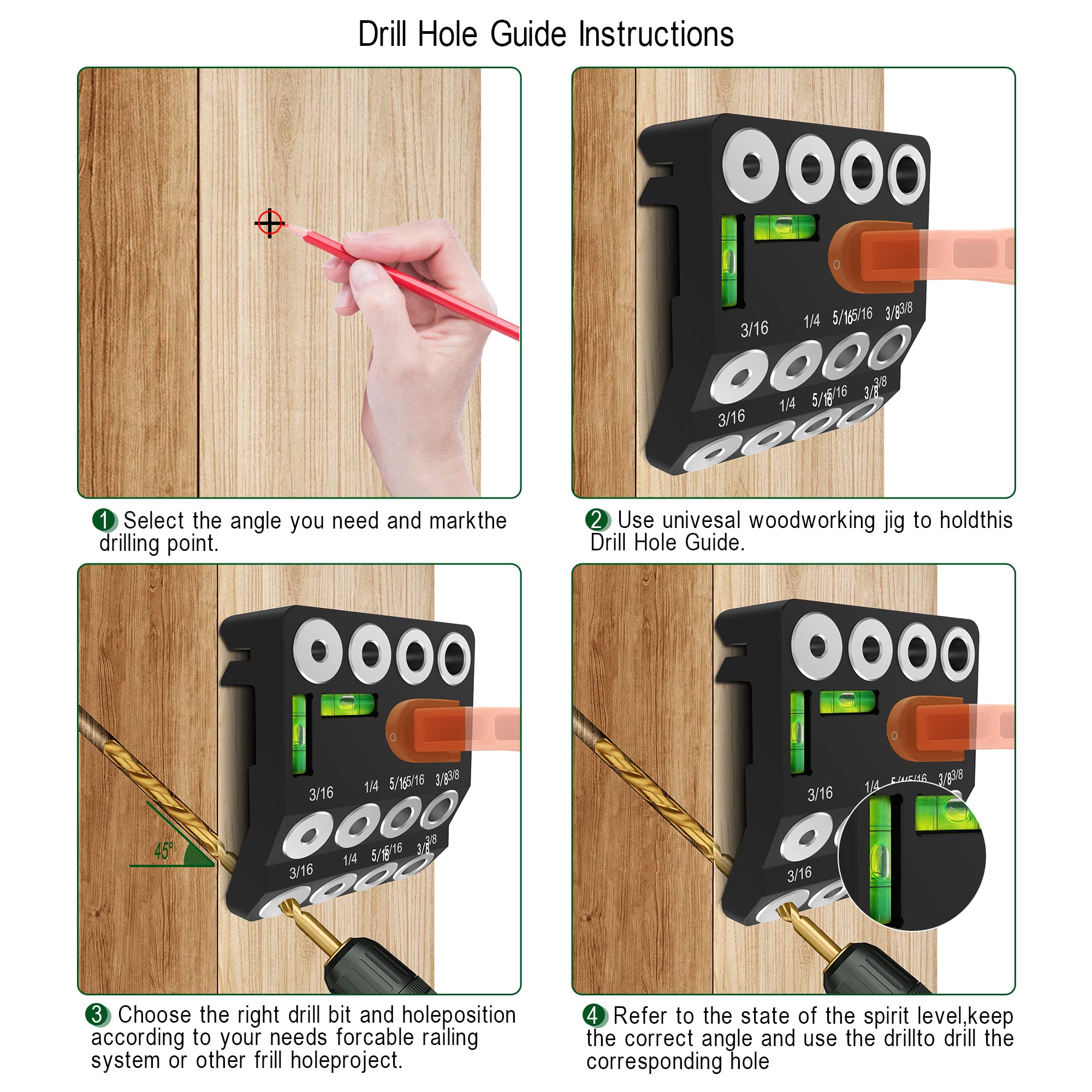 Drill Guide,30 45 90 Angled Drill Guide Jig with 2 Torpedo Level 4 Sizes Drill Hole Guide Jig Use on Flat Surfaces, Round Parts, and Corners Angled Straight Hole