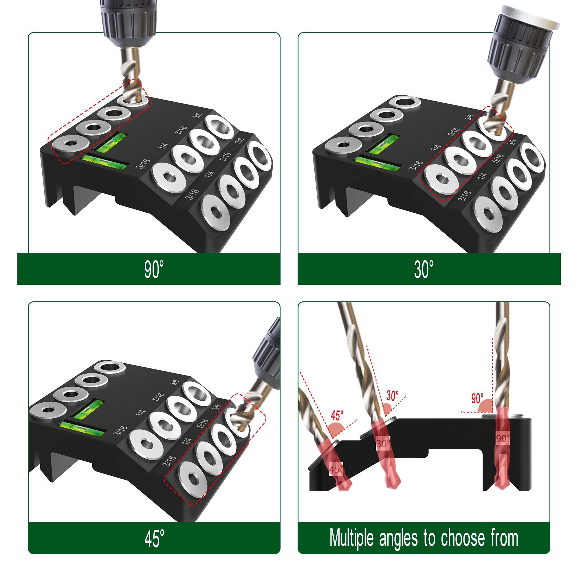 Drill Guide,30 45 90 Angled Drill Guide Jig with 2 Torpedo Level 4 Sizes Drill Hole Guide Jig Use on Flat Surfaces, Round Parts, and Corners Angled Straight Hole