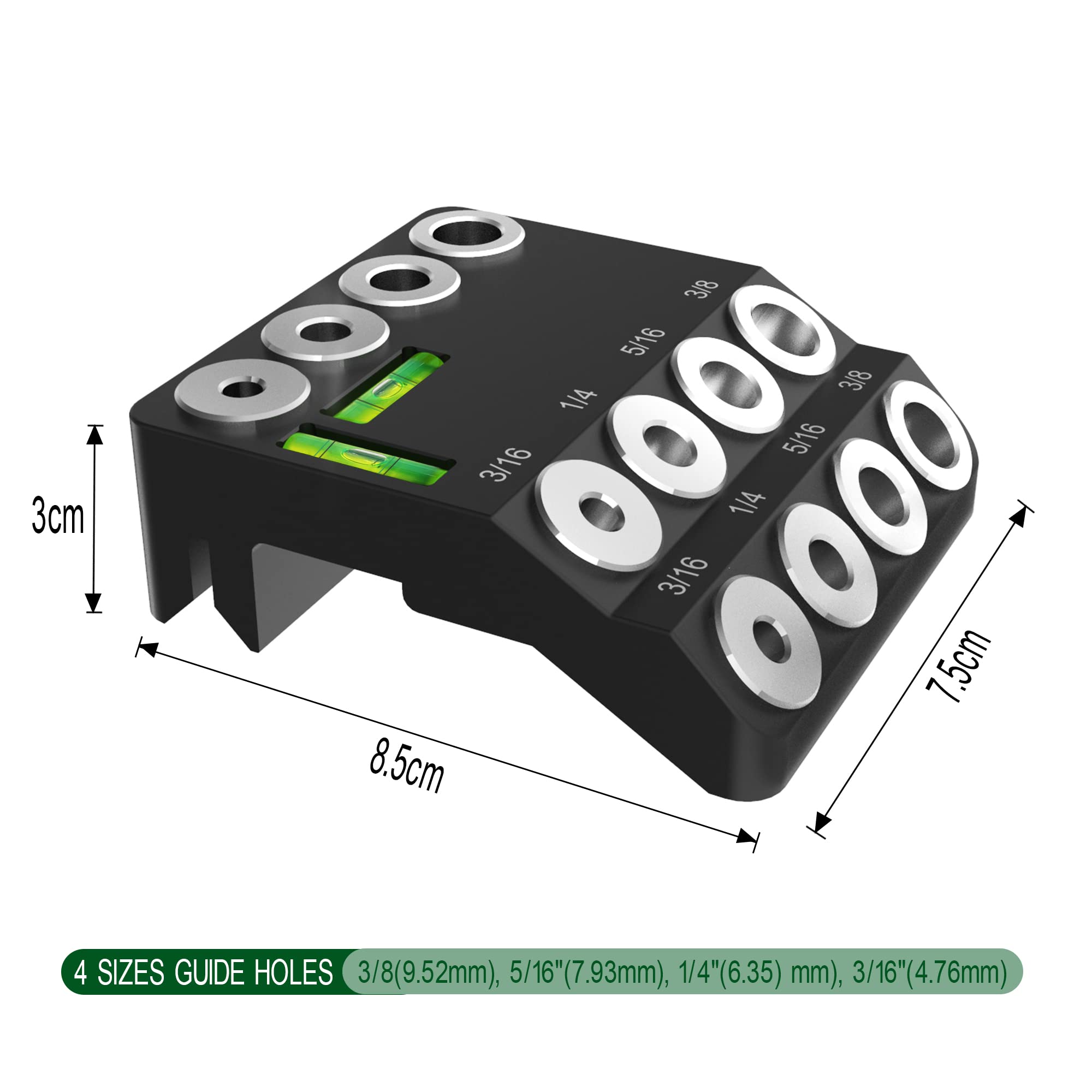 Drill Guide,30 45 90 Angled Drill Guide Jig with 2 Torpedo Level 4 Sizes Drill Hole Guide Jig Use on Flat Surfaces, Round Parts, and Corners Angled Straight Hole