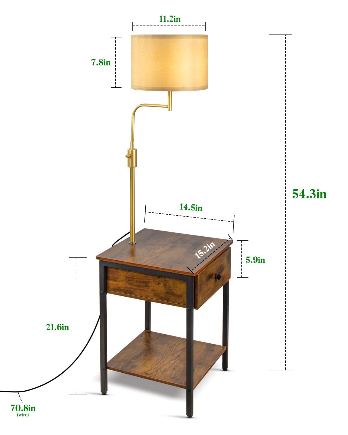 bulbeats 54IN Side End Table with Lamp Attached, Dimmable (Brightness Adjustable) Floor Lamp with Drawer and Shelf, 3000K E26 Bulb Included, 300° Rotatable Standing Lamp for Living Room Bedroom