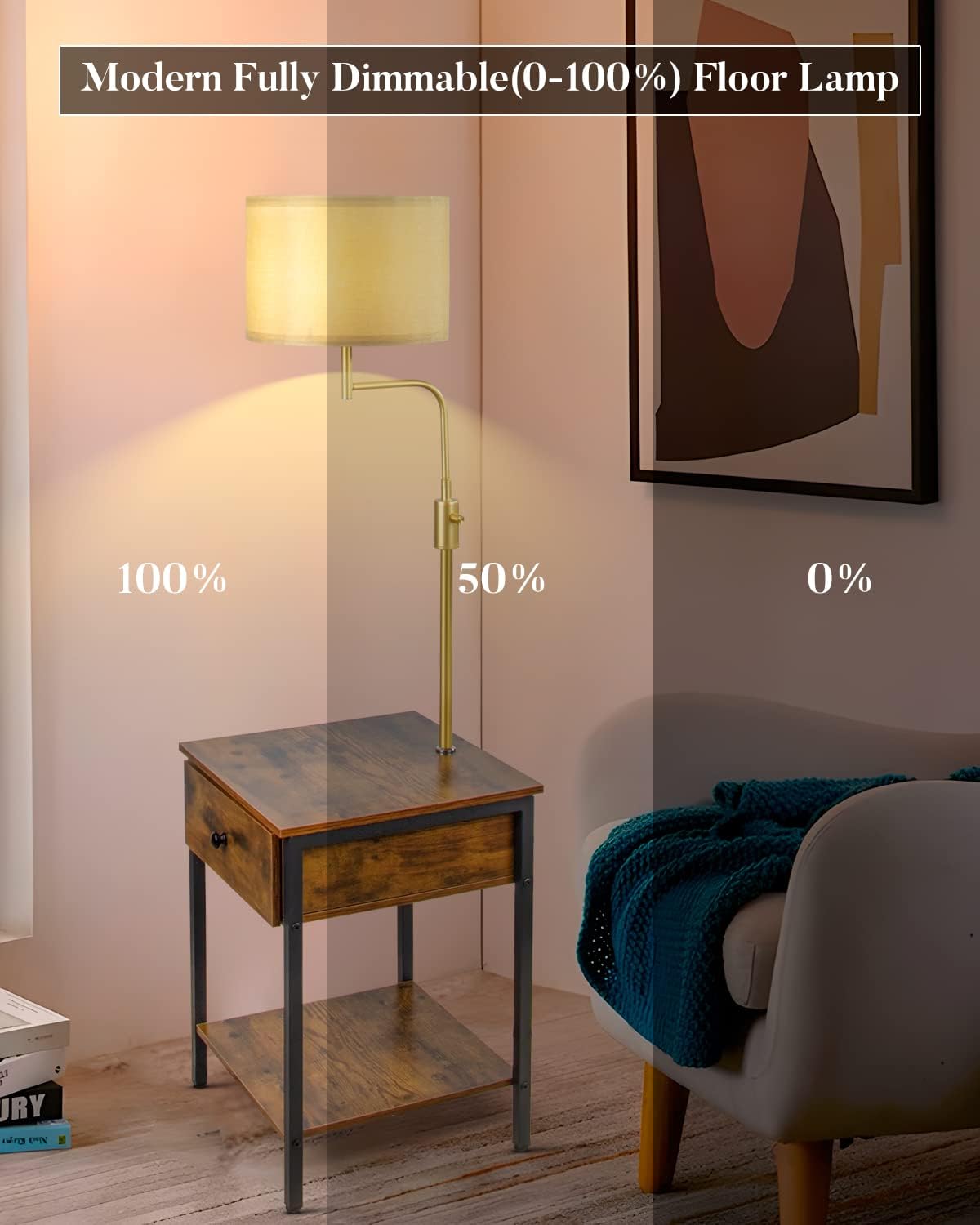 bulbeats 54IN Side End Table with Lamp Attached, Dimmable (Brightness Adjustable) Floor Lamp with Drawer and Shelf, 3000K E26 Bulb Included, 300° Rotatable Standing Lamp for Living Room Bedroom