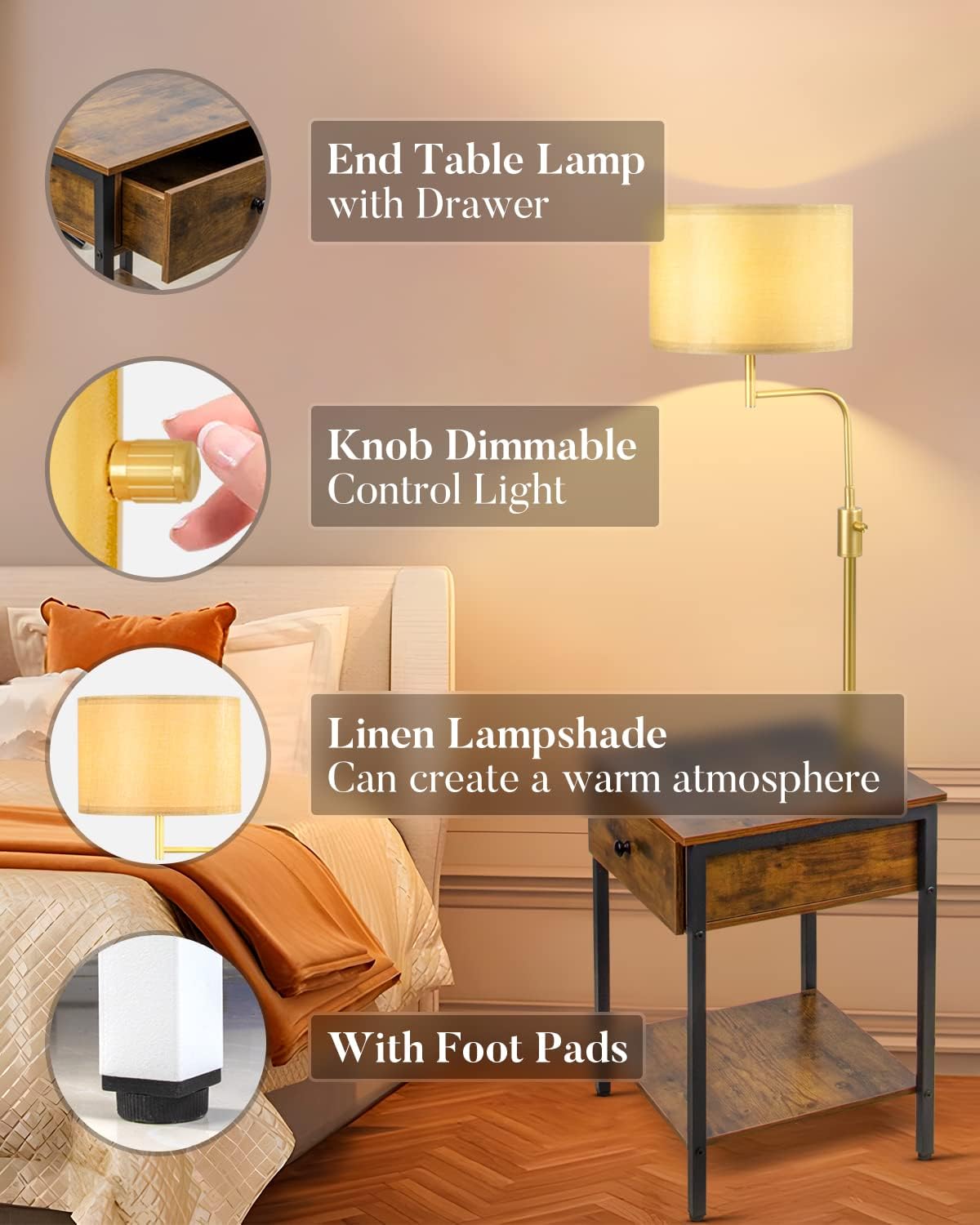 bulbeats 54IN Side End Table with Lamp Attached, Dimmable (Brightness Adjustable) Floor Lamp with Drawer and Shelf, 3000K E26 Bulb Included, 300° Rotatable Standing Lamp for Living Room Bedroom