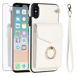 asuwish phone case for iphone xs max wallet cover with tempered glass screen protector and rfid ring credit card holder cell accessories i x xr xsmax 10x sx xmax 10xs 10s 10 plus xmaxs women off white