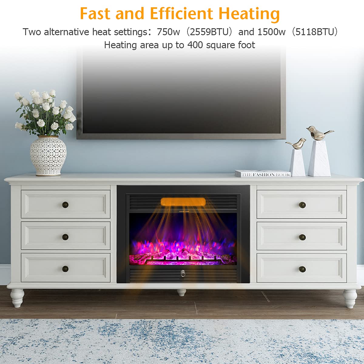 STAKOL 28.5 Inch Electric Fireplace Inserts Freestanding Heater, Embedded LED Fireplace Insert with Remote Control, 5 Brightness and 3 Flame Colors, Thermostats & Timer, Indoor Use 750W/1500W