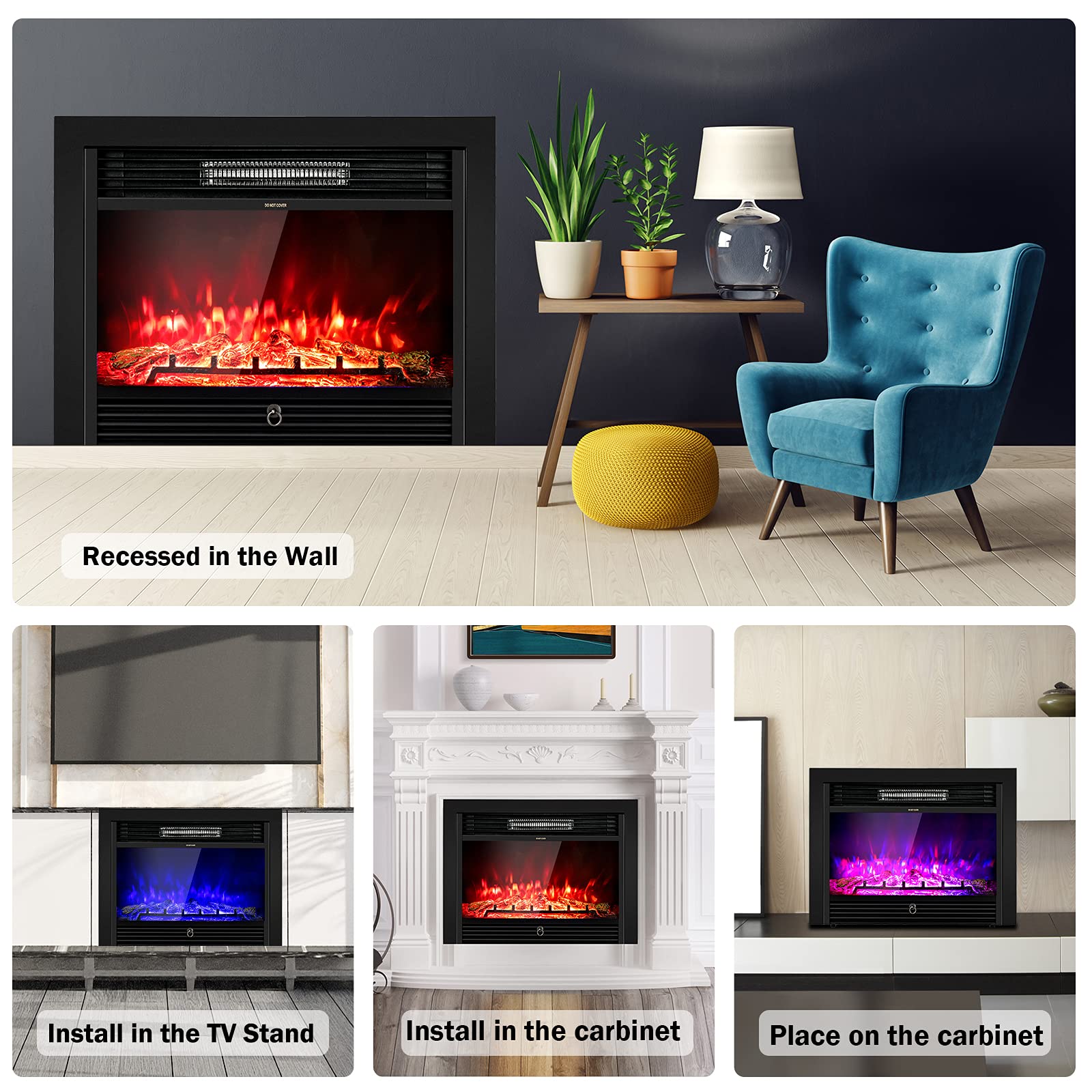 STAKOL 28.5 Inch Electric Fireplace Inserts Freestanding Heater, Embedded LED Fireplace Insert with Remote Control, 5 Brightness and 3 Flame Colors, Thermostats & Timer, Indoor Use 750W/1500W