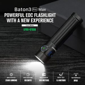 OLIGHT Baton3 Pro Max 2500 Lumens Rechargeable Compact EDC Pocket Flashlights with Safety Proximity Sensor, LED High Lumens for Camping, Hiking and Emergency (Cool White Light: 5700~6700K)