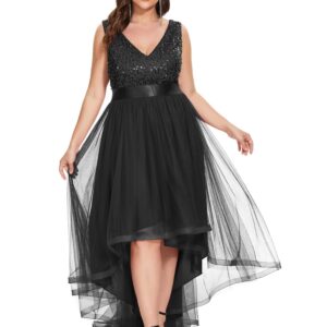 Ever-Pretty Womens Double V Neck A Line High Low Sequin Tulle Plus Size Formal Dresses for Curvy Women Black US20