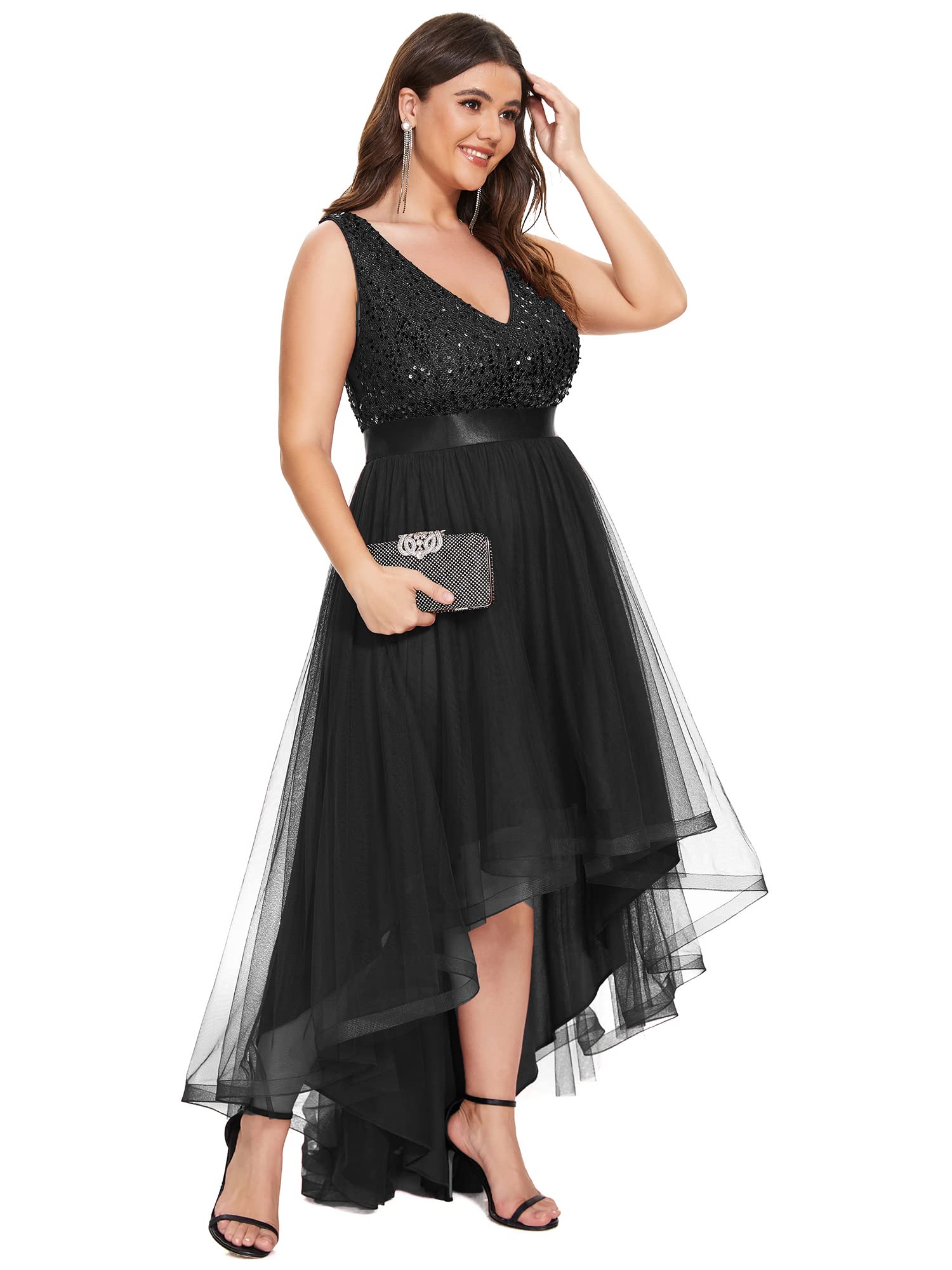 Ever-Pretty Womens Double V Neck A Line High Low Sequin Tulle Plus Size Formal Dresses for Curvy Women Black US20