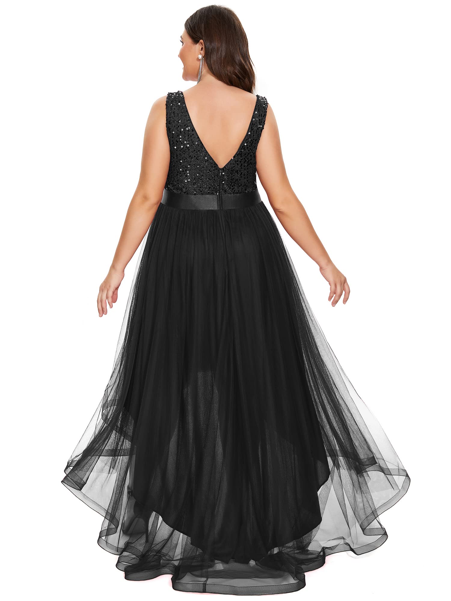 Ever-Pretty Womens Double V Neck A Line High Low Sequin Tulle Plus Size Formal Dresses for Curvy Women Black US20