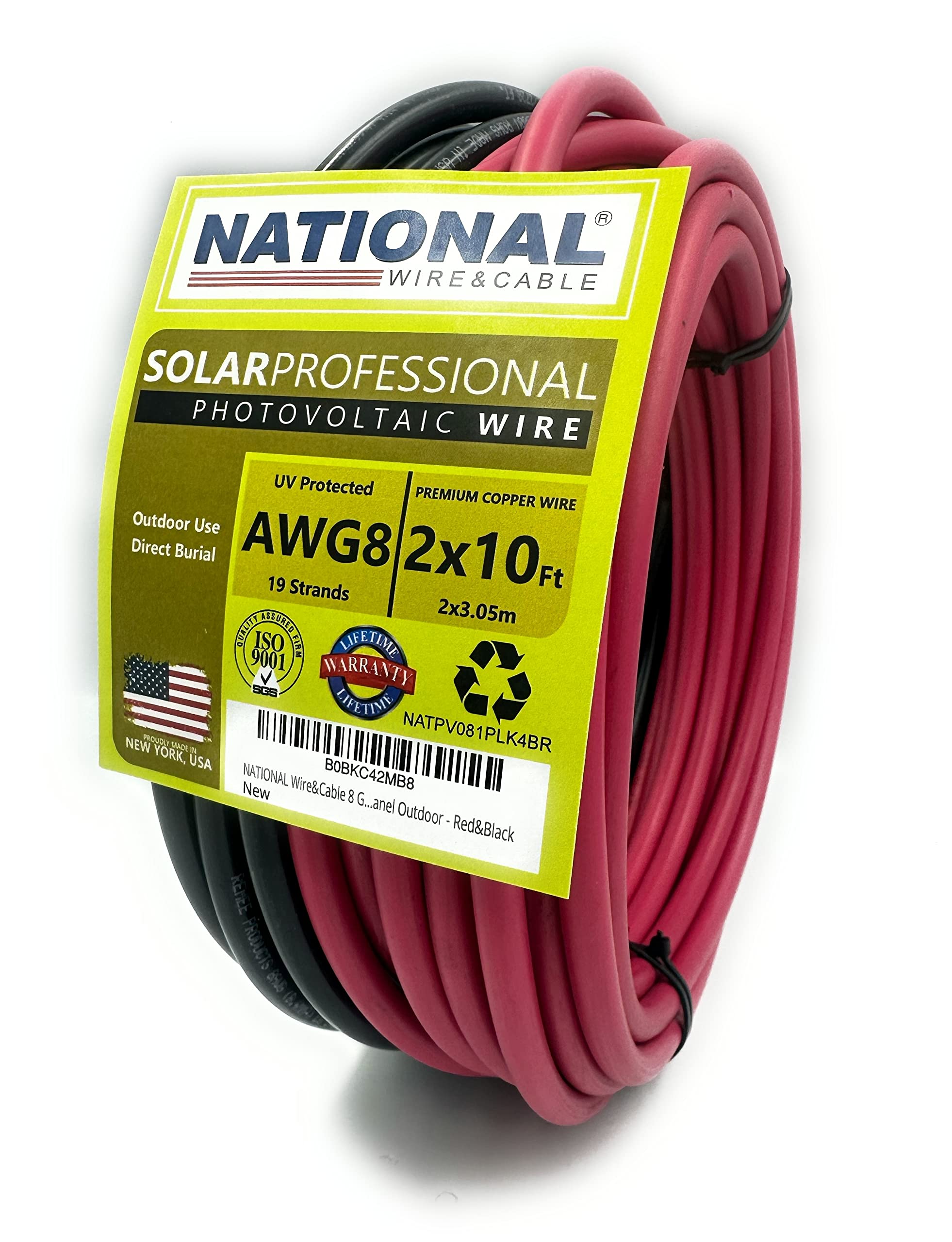 NATIONAL Wire&Cable 8 Gauge Solar Panel Professional Wire - Made in USA - 2x10 Ft Copper PV Wire UV Resistant Cable for Boat Marine Automotive RV Solar Panel Outdoor - Red&Black