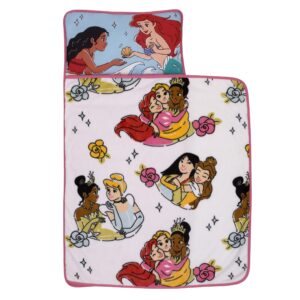 disney princesses courage and kindness pink, blue, and white ariel, tiana, moana, cinderella, mulan, and belle toddler nap mat