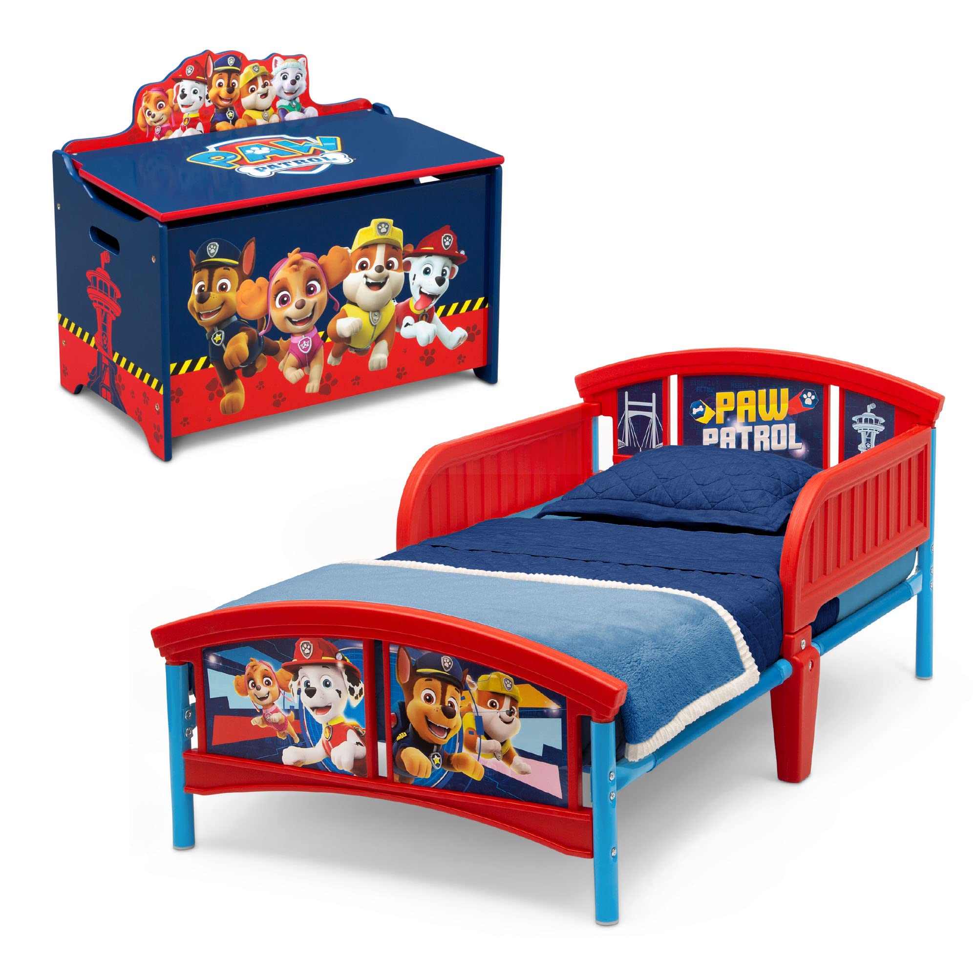 PAW Patrol 2-Piece Toddler Bedroom Set by Delta Children - Includes Toddler Bed and Deluxe Toy Box, Blue