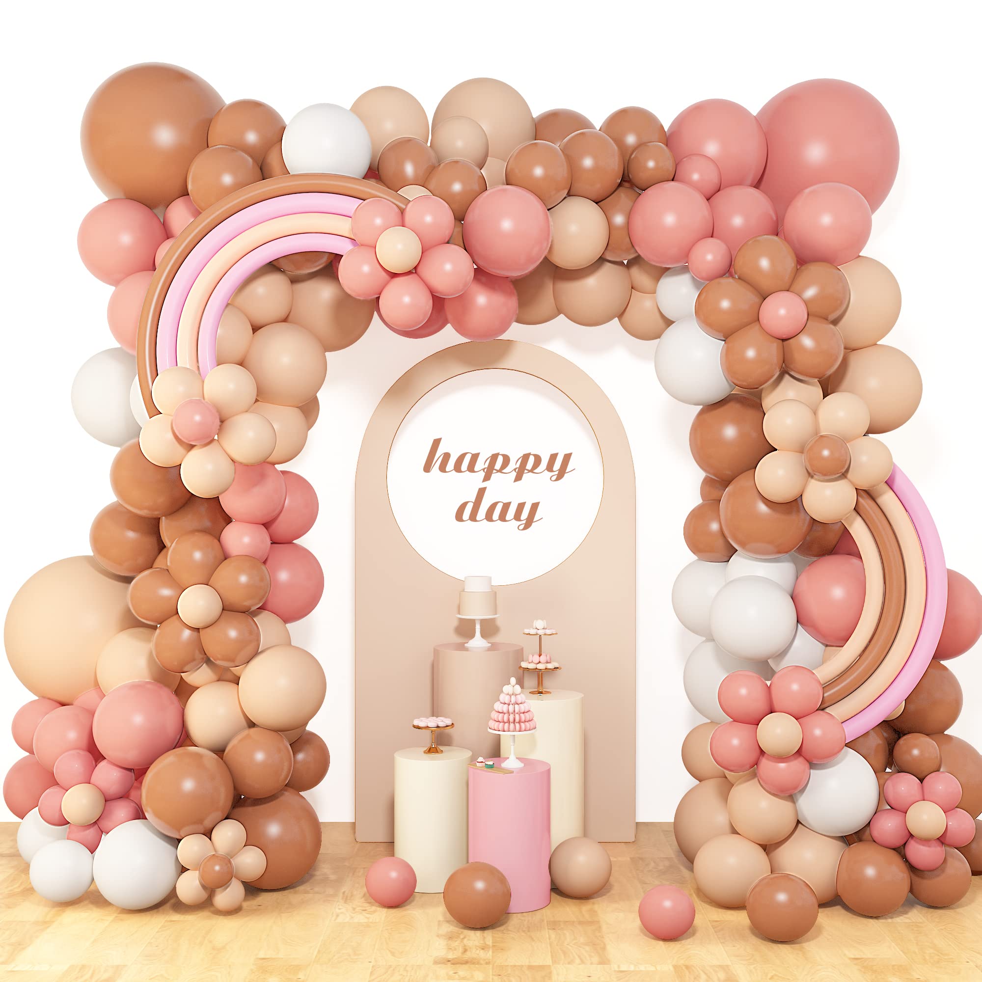 Boho Daisy Flower Balloon Garland Arch Kit, Dusty Pink Nude Blush Brown Long Twisting Balloons for Two Groovy Engagement Anniversary Girls Baby Shower Birthday Rainbow Bridal Party Decorations