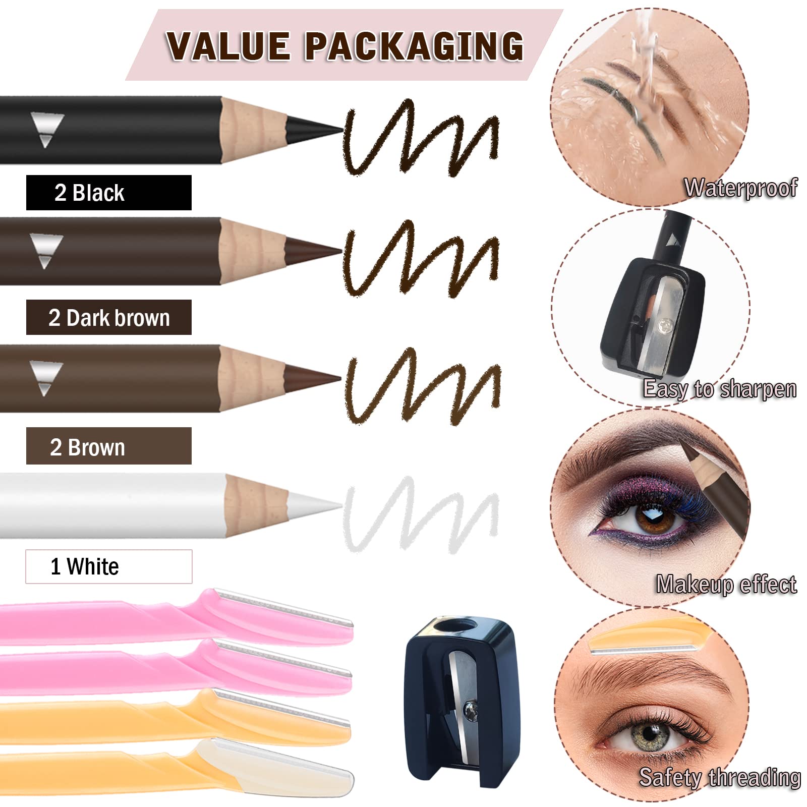 7Pcs Multicolor Eyebrow Pencil Eyeliner Set, Waterproof Eye Brow Pencil, Easy to Coloromen Women Professional Eyebrow Pencil Smudge Proof Long Lasting Makeup Eye Liners (Multicolor)