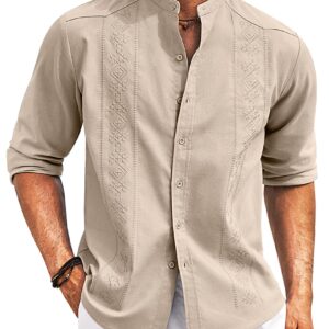 COOFANDY Men's Linen Beach Shirt Shirts Casual Long Sleeve Button Down Linen Cuban Camp Collarless Solid Shirt Khaki