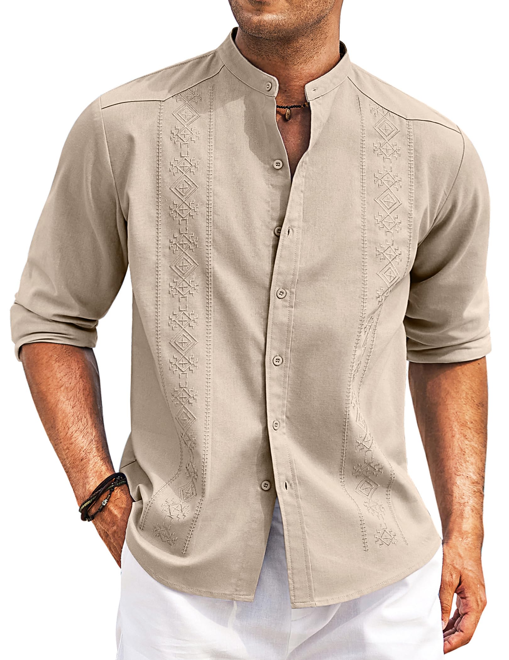 COOFANDY Men's Linen Beach Shirt Shirts Casual Long Sleeve Button Down Linen Cuban Camp Collarless Solid Shirt Khaki