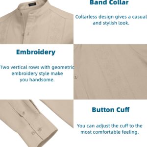 COOFANDY Men's Linen Beach Shirt Shirts Casual Long Sleeve Button Down Linen Cuban Camp Collarless Solid Shirt Khaki