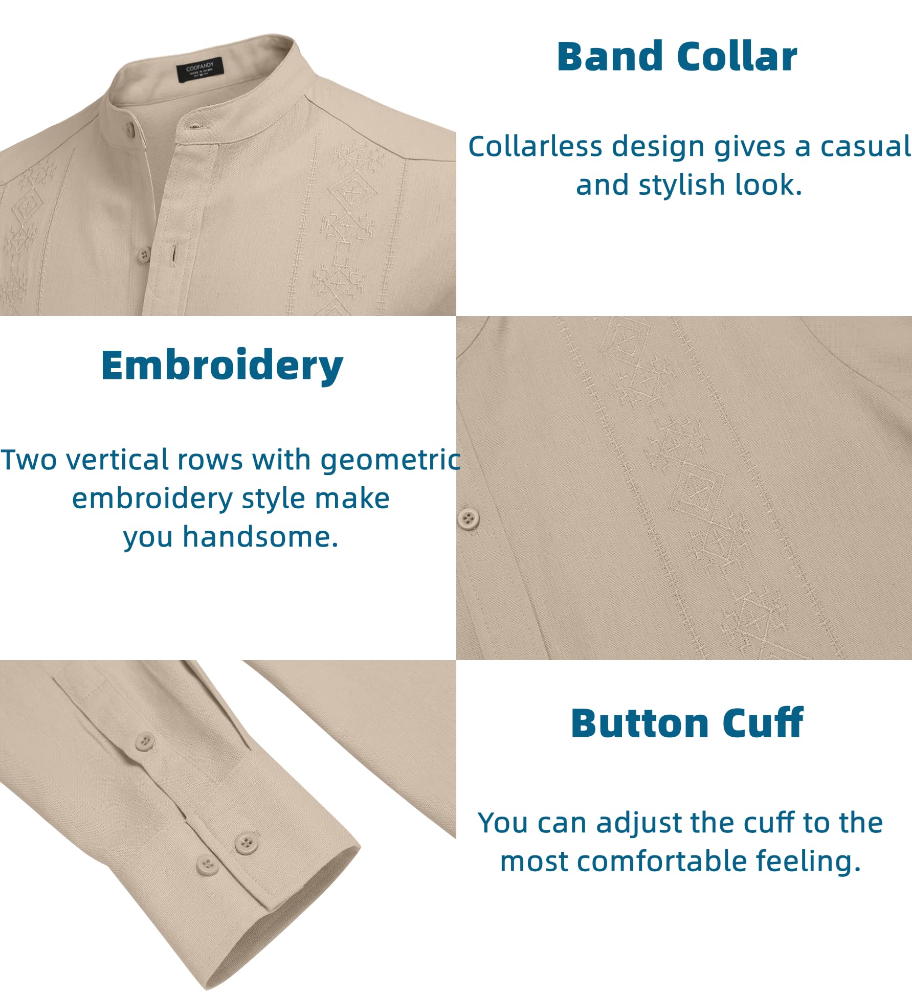 COOFANDY Men's Linen Beach Shirt Shirts Casual Long Sleeve Button Down Linen Cuban Camp Collarless Solid Shirt Khaki