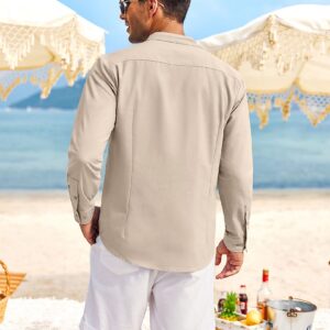 COOFANDY Men's Linen Beach Shirt Shirts Casual Long Sleeve Button Down Linen Cuban Camp Collarless Solid Shirt Khaki