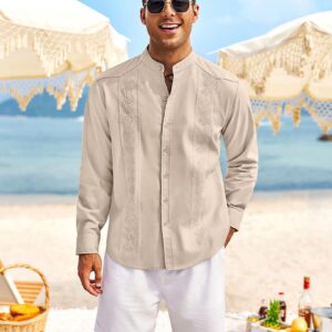 COOFANDY Men's Linen Beach Shirt Shirts Casual Long Sleeve Button Down Linen Cuban Camp Collarless Solid Shirt Khaki