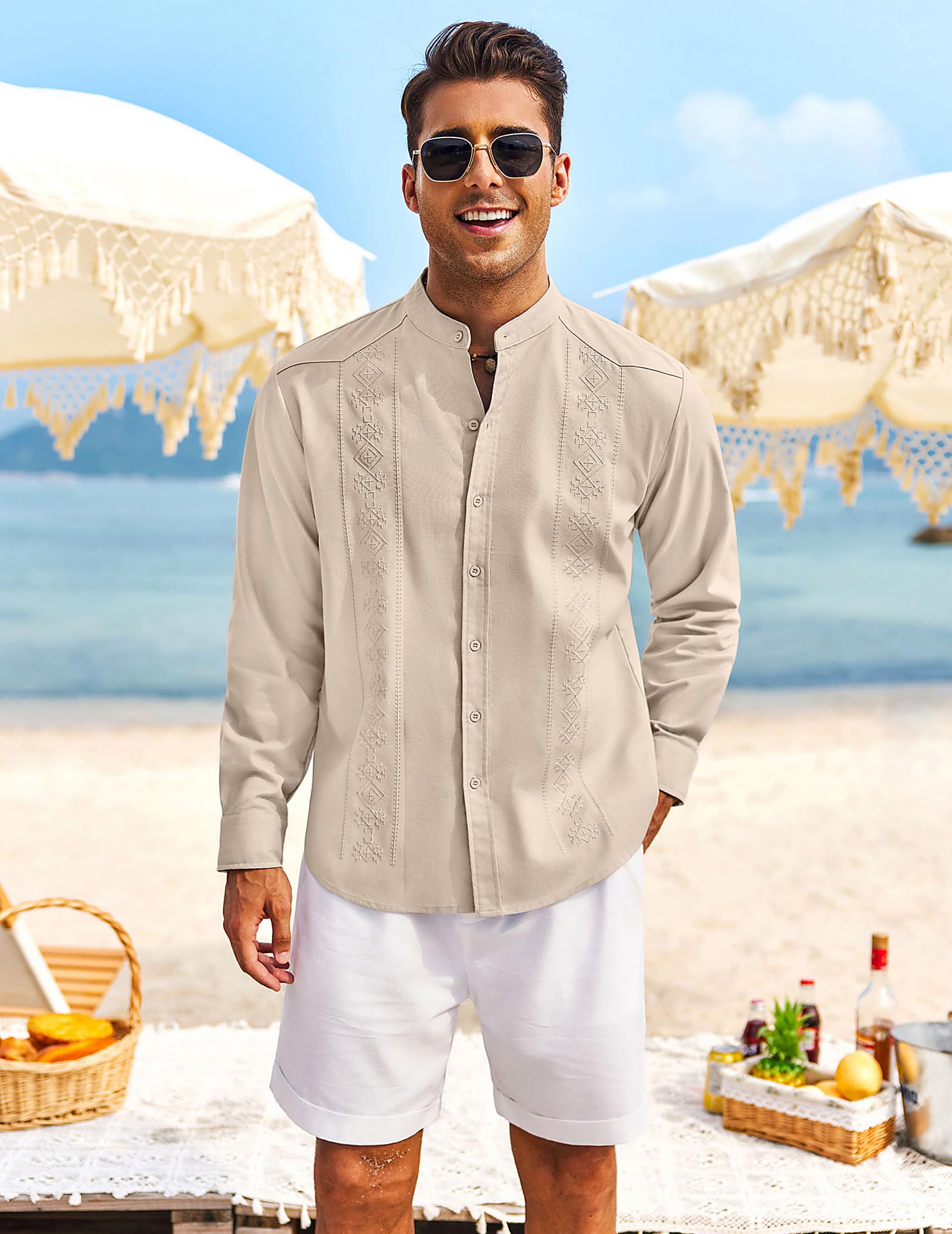 COOFANDY Men's Linen Beach Shirt Shirts Casual Long Sleeve Button Down Linen Cuban Camp Collarless Solid Shirt Khaki