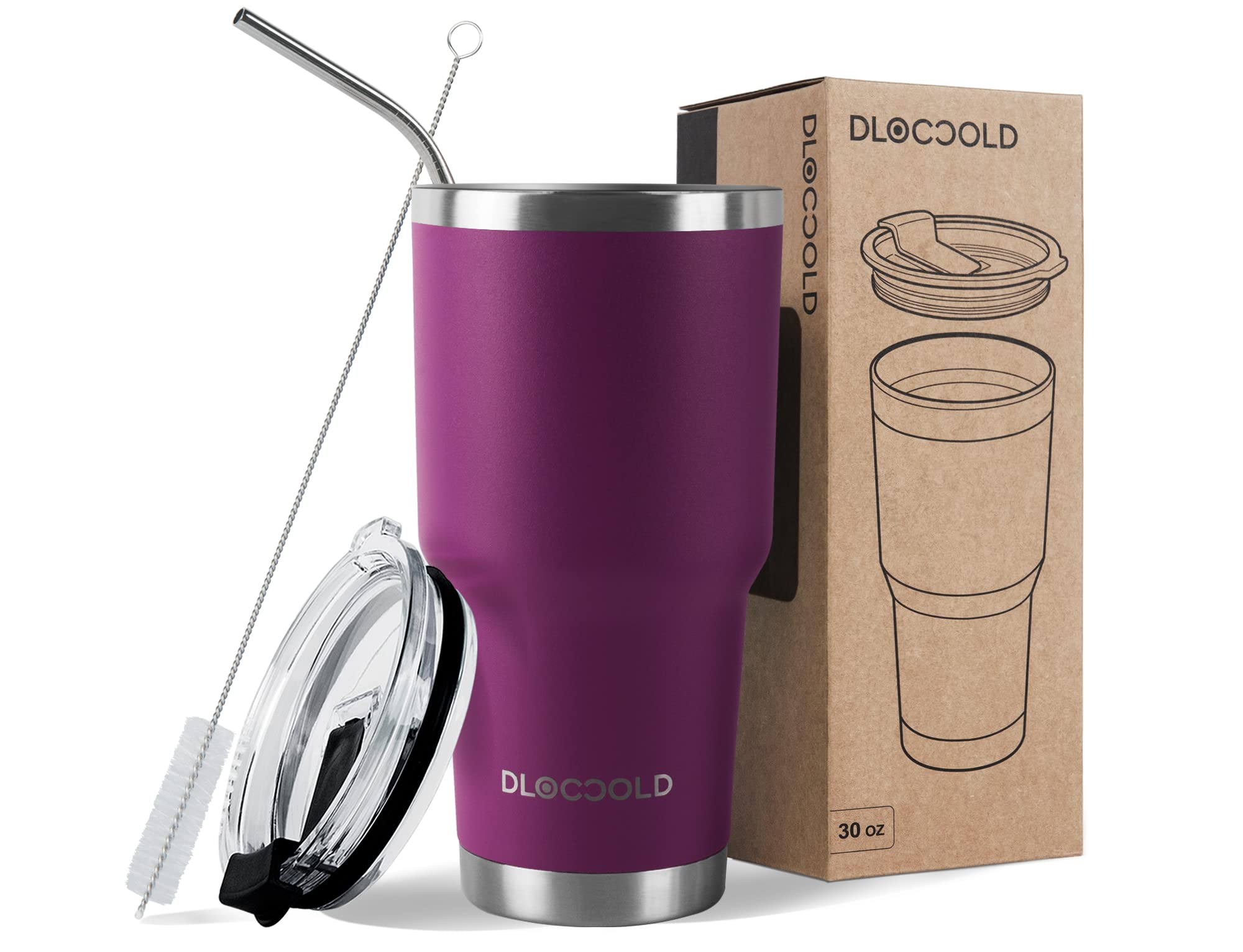 DLOCCOLD 30 oz Tumbler with Lid and Straw, 18/8 Stainless Steel Vacuum Insulated Coffee Tumbler,Insulated Travel Mug Water Cup with Leak-Proof Flip Lid,Metal Straw,Cleaning Brush & Gift Box