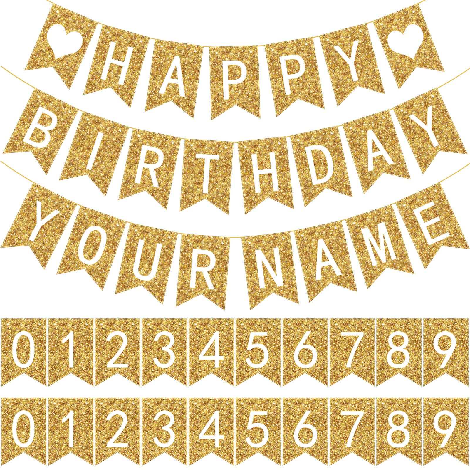 124 Pcs Happy Birthday Banner, Banner DIY Birthday Banner Reusable Multi Occasion Party Decorations Bunting Banner for Men Women Boys Girls Kids Golden Birthday Party (Gold)