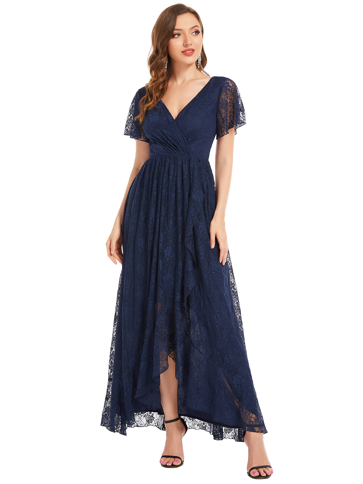 Ever-Pretty Women's Lace V Neck Ruffles Sleeves Pleated Empire Waist A-Line Maxi Formal Dresses Navy Blue US14