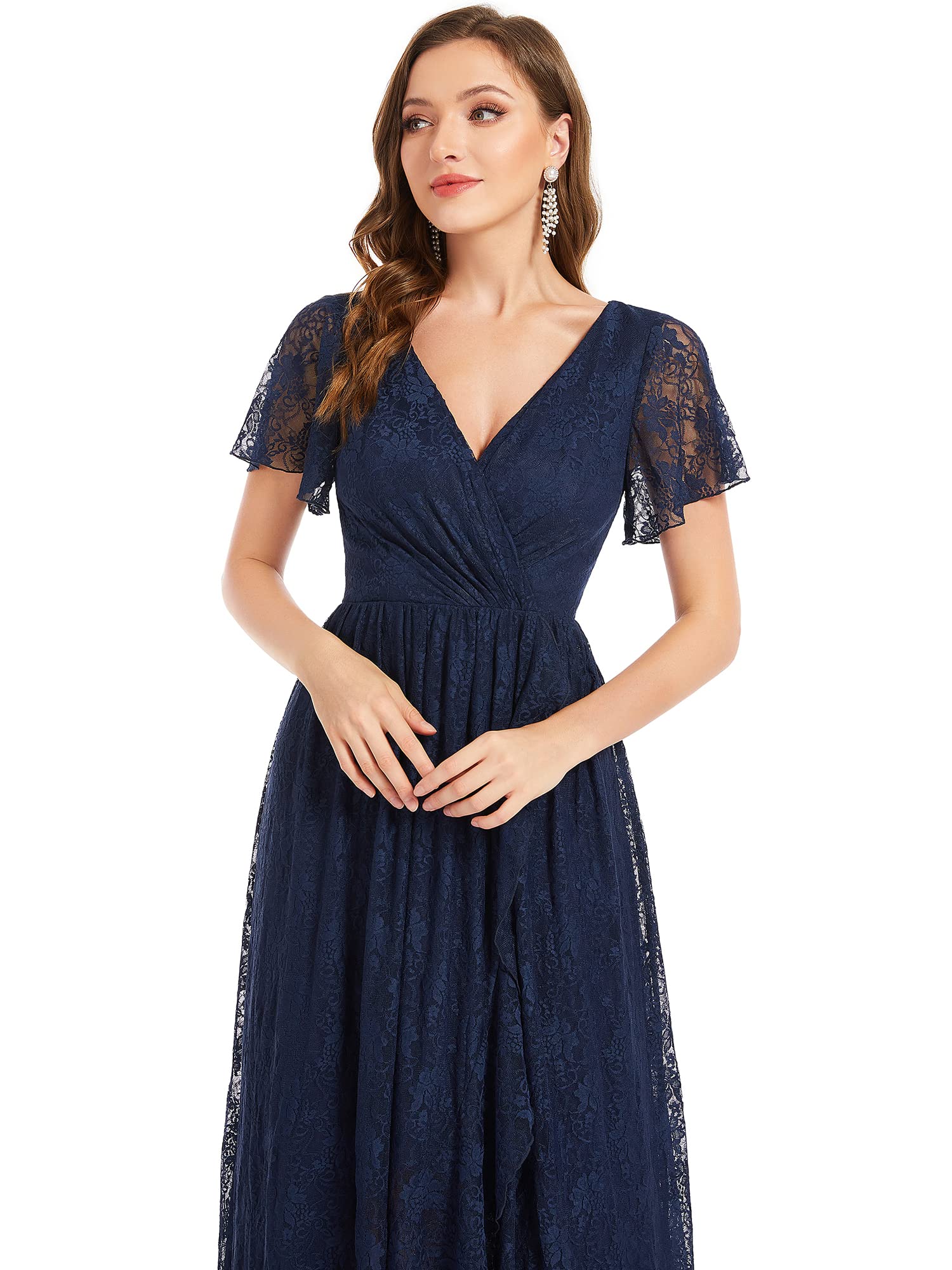 Ever-Pretty Women's Lace V Neck Ruffles Sleeves Pleated Empire Waist A-Line Maxi Formal Dresses Navy Blue US14