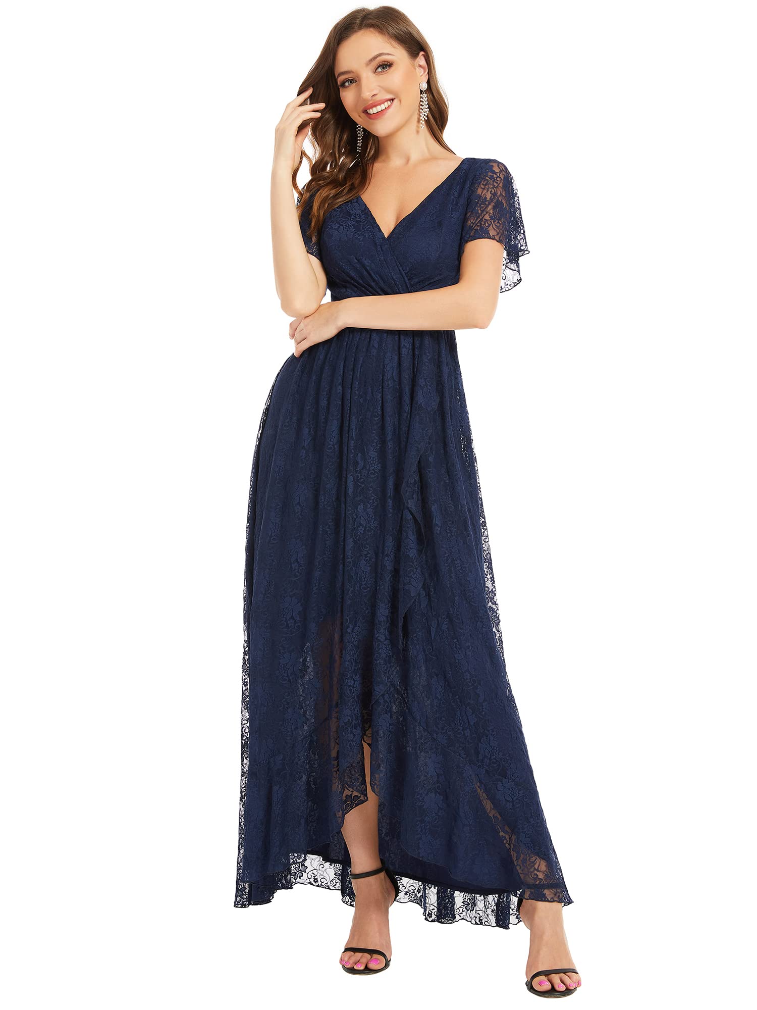 Ever-Pretty Women's Lace V Neck Ruffles Sleeves Pleated Empire Waist A-Line Maxi Formal Dresses Navy Blue US14