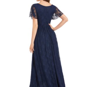 Ever-Pretty Women's Lace V Neck Ruffles Sleeves Pleated Empire Waist A-Line Maxi Formal Dresses Navy Blue US14