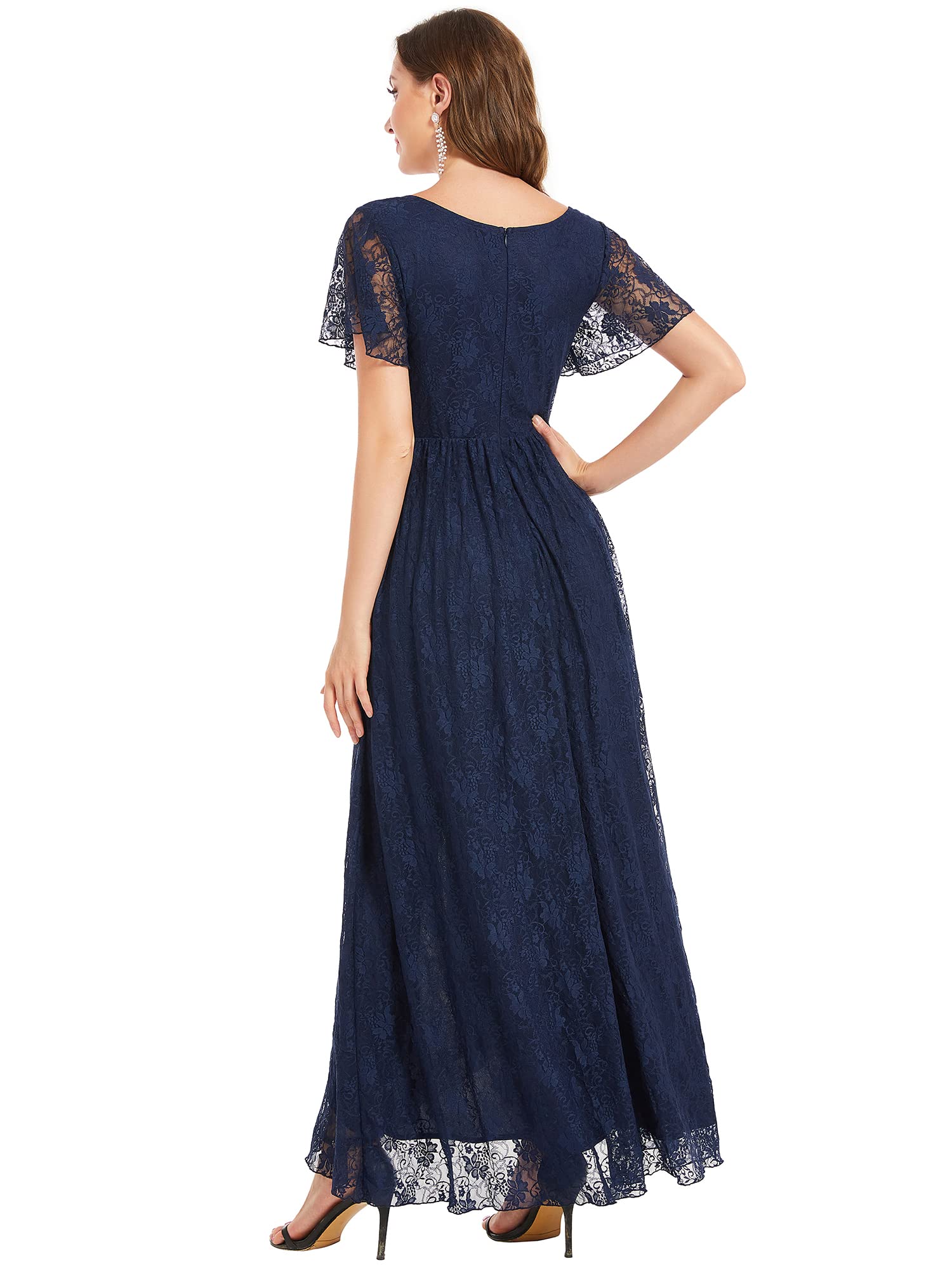 Ever-Pretty Women's Lace V Neck Ruffles Sleeves Pleated Empire Waist A-Line Maxi Formal Dresses Navy Blue US14