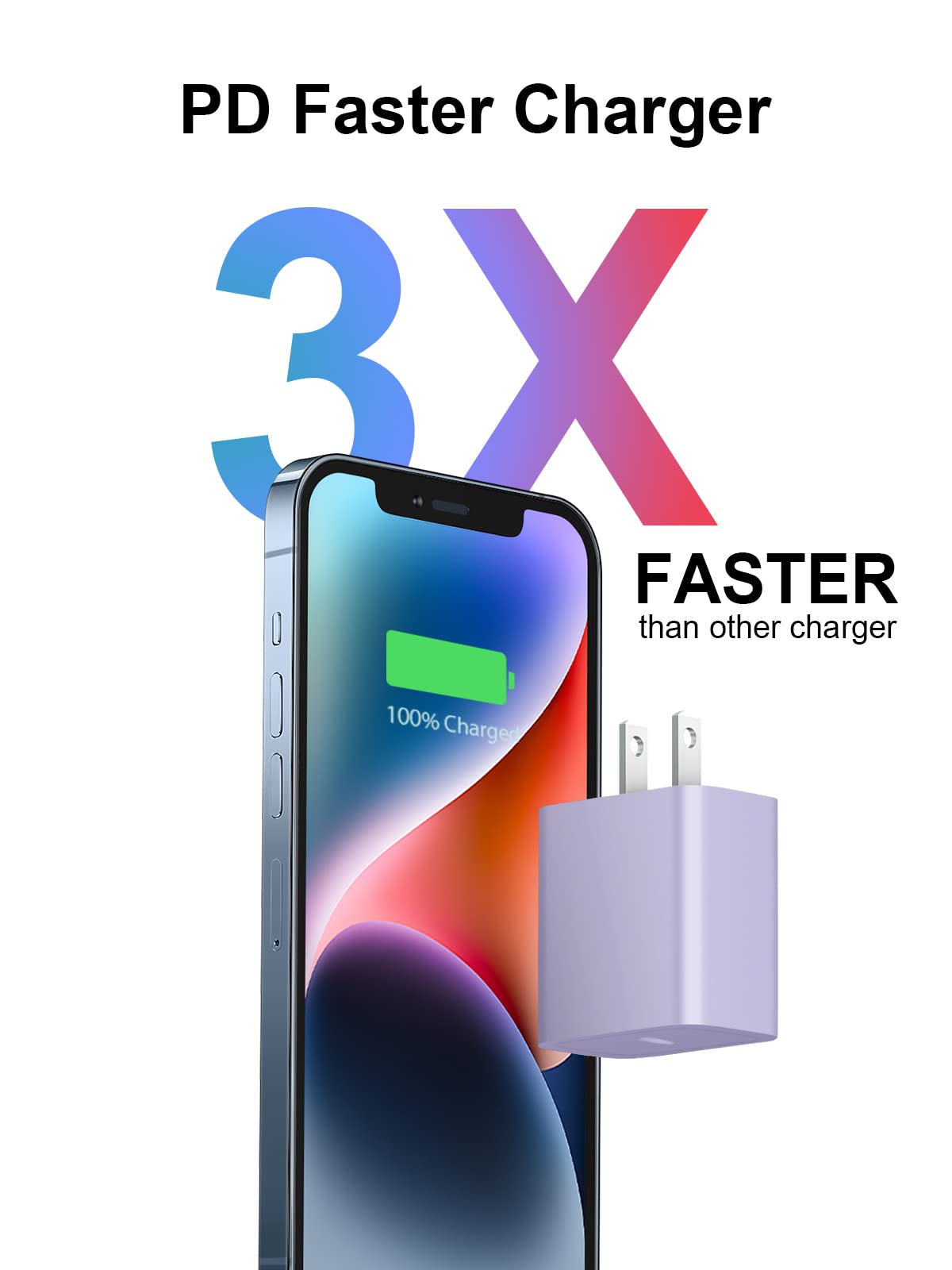 [3 Pack] USB C Wall Charger, iPhone Charger Block 20W PD Power Adapter Compatible iPhone 15/15Pro/15Pro Max/15Plus/14 13 12 11 Pro Max/Pro/Mini/Xs/XR/X, iPad Pro/Mini - Purple